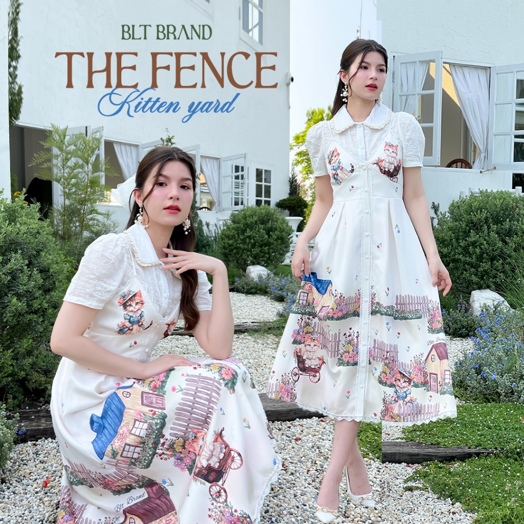 SP422 BLT SPECIAL COLLECTION เดรสยาวพิมพ์ลายน้องแมว ชุดออกงาน ชุดคาเฟ่ | Shopee Thailand