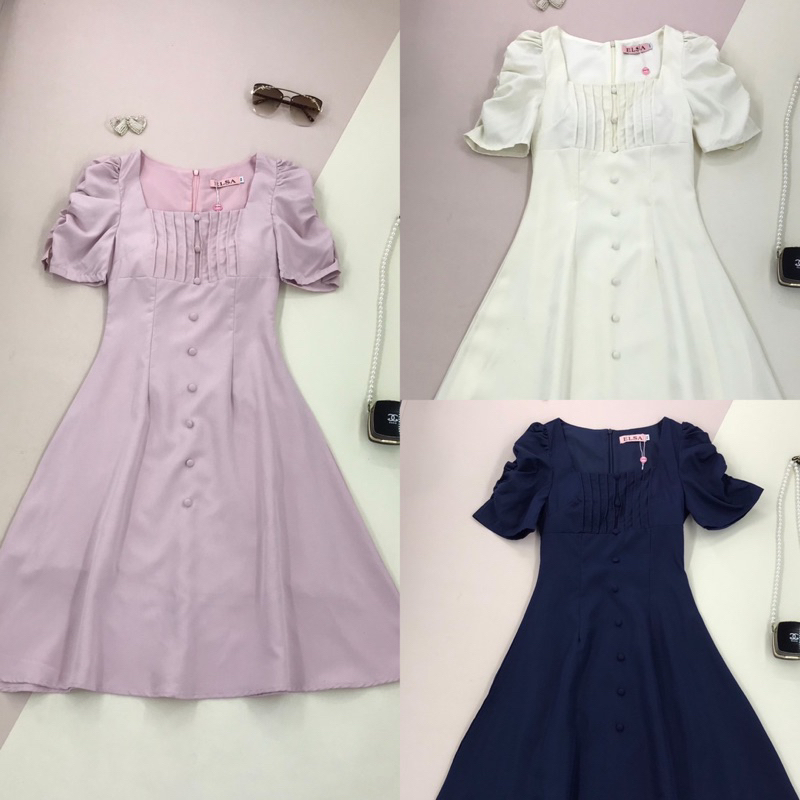 [ELSA] Y022 ชุดเดรสกระโปรงคอเหลี่ยมแขนจั๊มจับจีบดีเทลแต่งกระดุมหน้า ใส่ ...