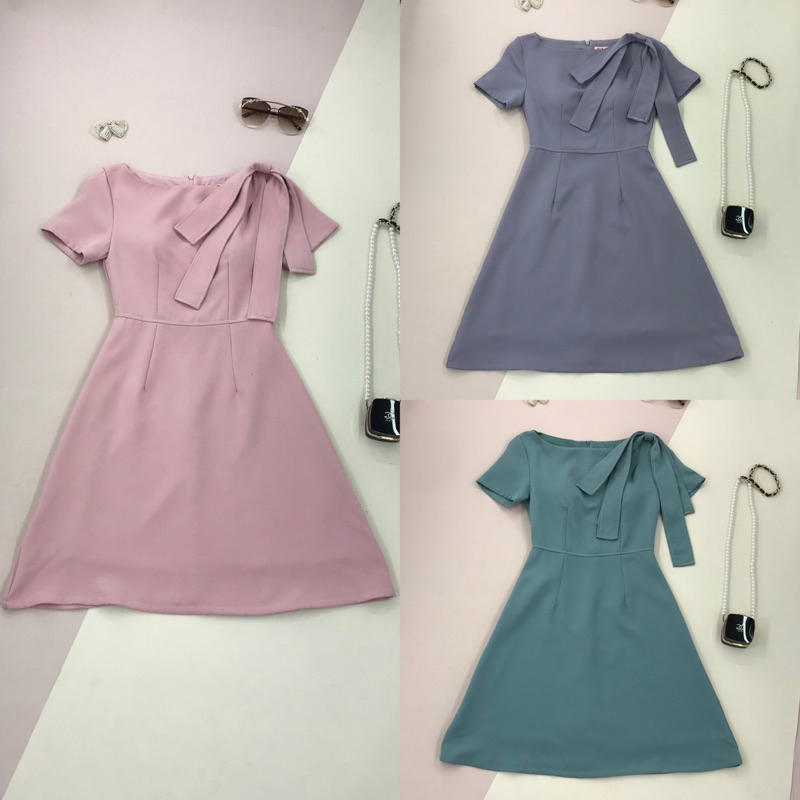 [ELSA] Y023 ชุดเดรสกระโปรงแขนสั้นดีเทลแต่งโบว์ไหล่ ทรงสวยเรียบหรู ใส่ ...