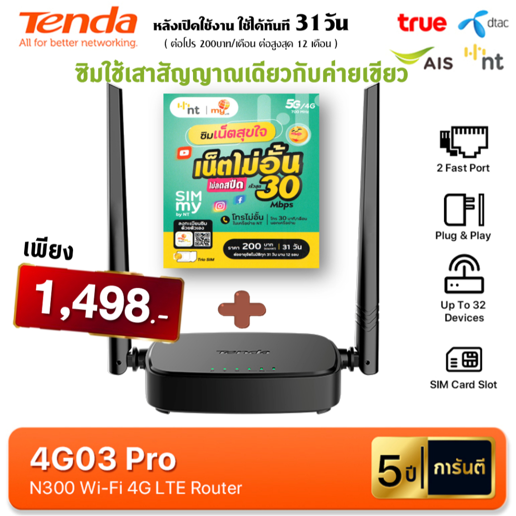 Tenda 4G03 Pro เราเตอร์ใส่ซิม 4G Router ฟรี ซิมmy 30Mbps ไม่ลดสปีด ฟรีเดือนแรก ต่อโปร 200บาท ...
