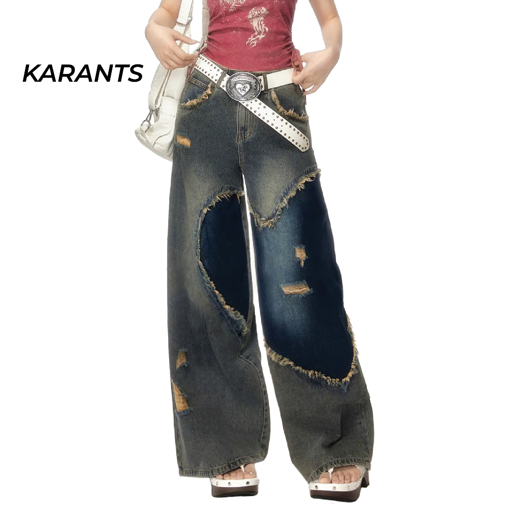 Karants แบรนด์ระดับนานาชาติอินเทรนด์ กางเกงยีนส์หัวใจ Y2K Retro ขากว้าง ...