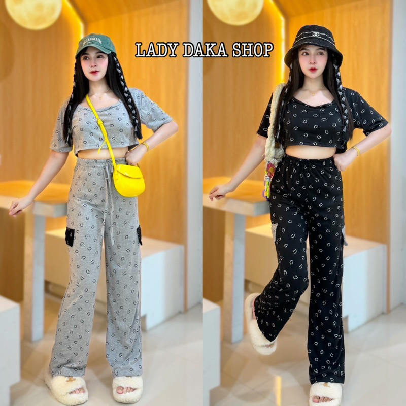 🧡LADY DAKA SHOP🧡ชุดเซ็ตเอวลอย ลายยิ้ม เสื้อครอปเอว+กางเกงคาโก้ขายาว | Shopee Thailand