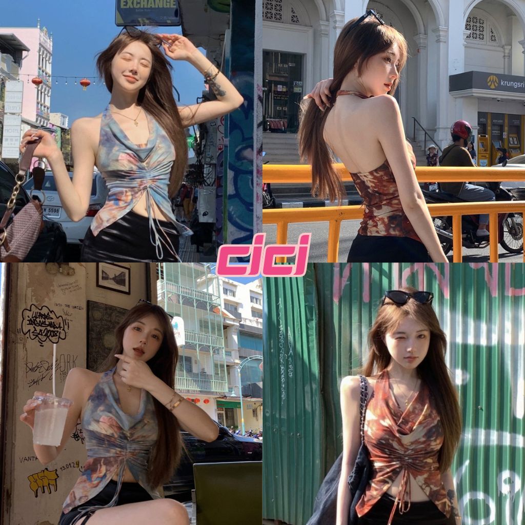 Cici (NO.D0255)เสื้อซีทรูพิมพ์ลาย คล้องคอ โชว์หลังเซ็กซี่ สายรูดด้านหน้าเพิ่มความฮอต | Shopee ...