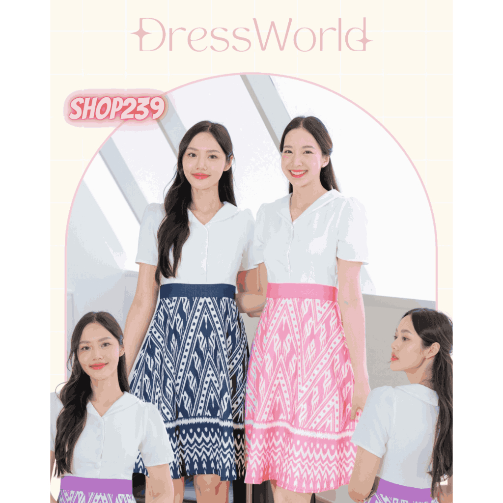 {S-XL} 9487 งานป้าย Dress World เดรสทรงบาน ลายไทย แต่งคาดเอว คอปกวี น่ารักรีบจับจองกันน๊า ...
