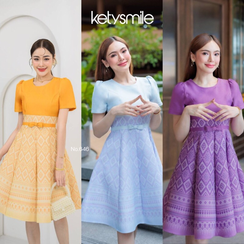 N464 ชุดเดรสผ้าทอลาย คอกลม แต่งโบว์เอว กระโปรงทรงบาน 8 ชิ้น อัดกาวทั้ง ...