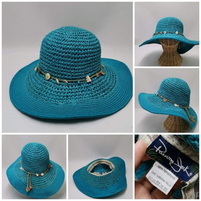 Panama Jack turquoise straw hat หมวกสานสีฟ้าน้ำทะเล | Shopee Thailand