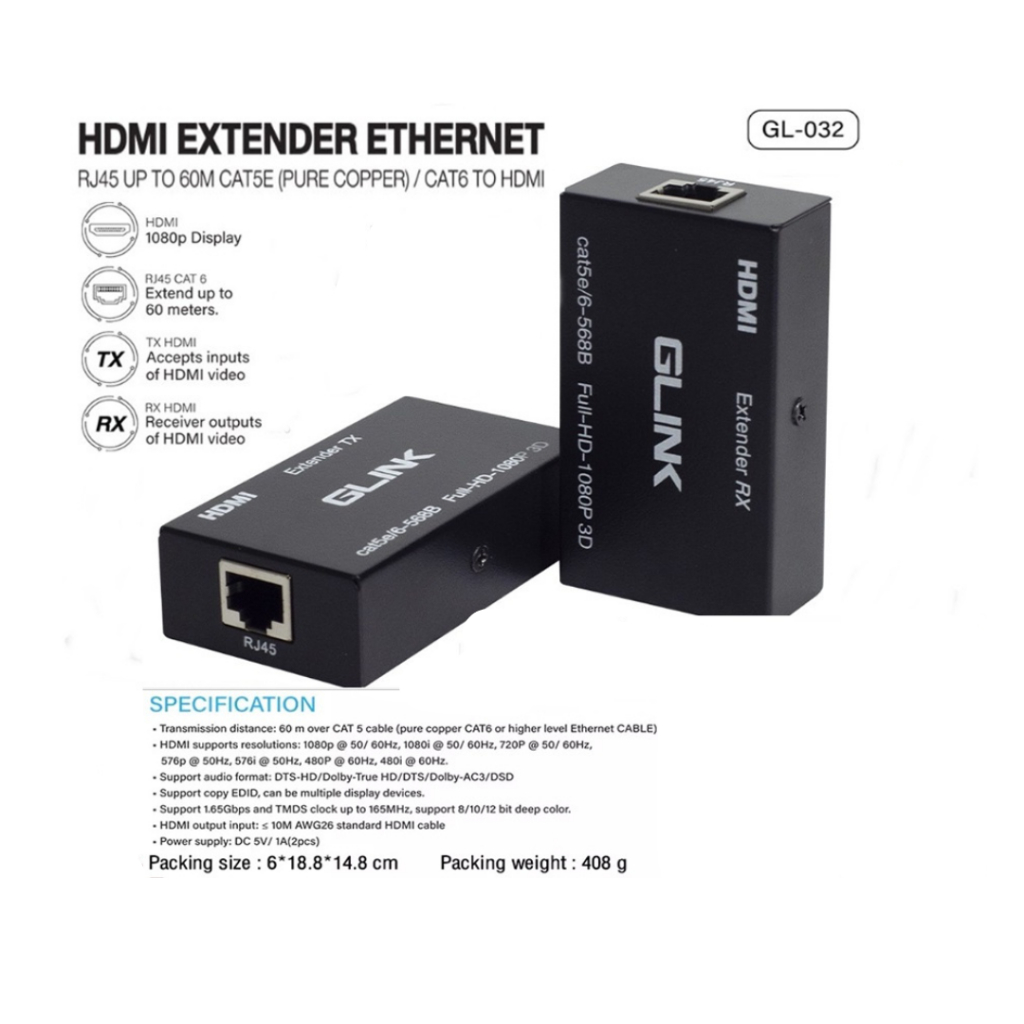 GLINK HDMI EXTENDER EXTHERNET 60M.CAT6 GL032 ราคาพิเศษ (กล่องสีฟ้ารุ่น ...