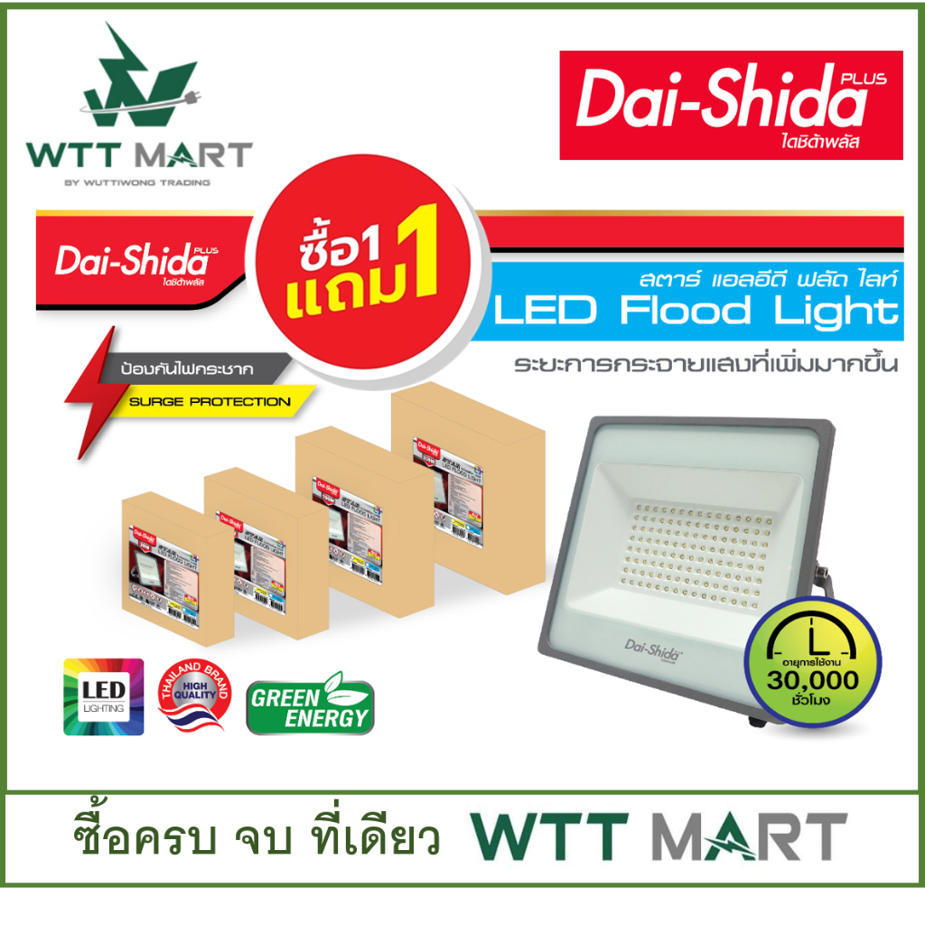 ซื้อ 1 แถม 1 ไฟสปอร์ตไลท์ LED FLOOD LIGHT 30,50,100,200 วัตต์ แสงขาว ...