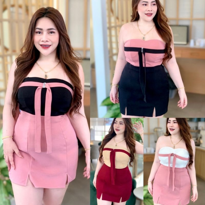 Z102 เซ็ตเกาะอก+กระโปรงสาวอวบ อก38-44“ เอว32-40” สพ.-50“ | Shopee Thailand