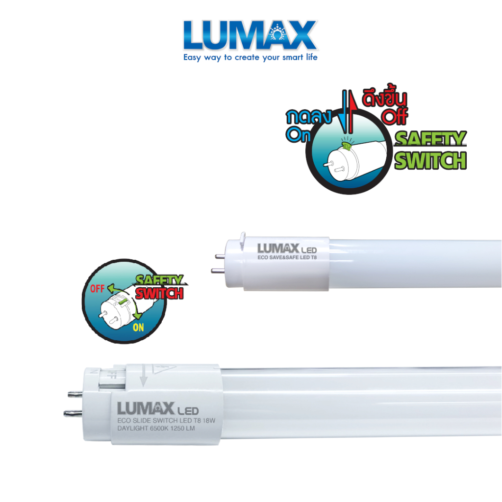 LUMAX หลอด LED T8 รุ่น ECOSAVE&SAFE 18 วัตต์ 2500 ลูเมน กระแสไฟเข้า 2 ทาง (OT) มีให้เลือก 3 โทน ...