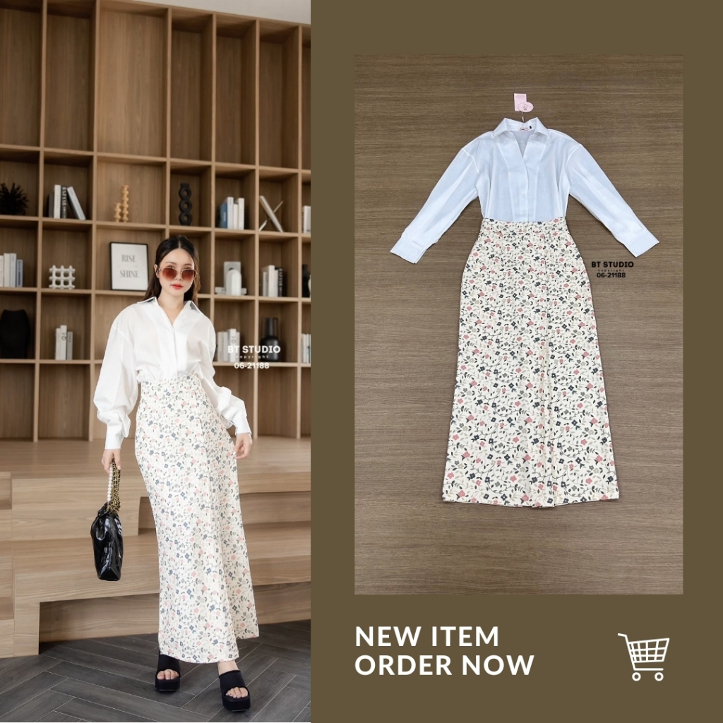 SML 21188 ชุดเซ็ทเสื้อเชิ้ตแขนยาว+ผ้าถุงสำเร็จลายดอกไม้ งานป้าย BT ...