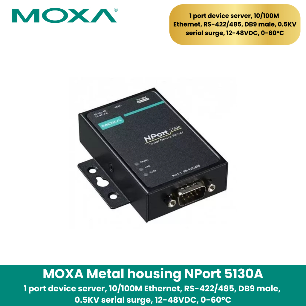 MOXA NPort 5130A 1 port device server, 10/100M Ethernet, RS-422/485, DB9 male, 0.5KV serial ...