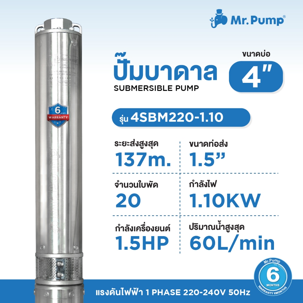 Mr.Pump ปั๊มน้ำบาดาล SUBMERSIBLE PUMP บ่อ 4” พร้อมกล่องควบคุมปั๊ม รุ่น 4SBM220-1.10 | Shopee ...