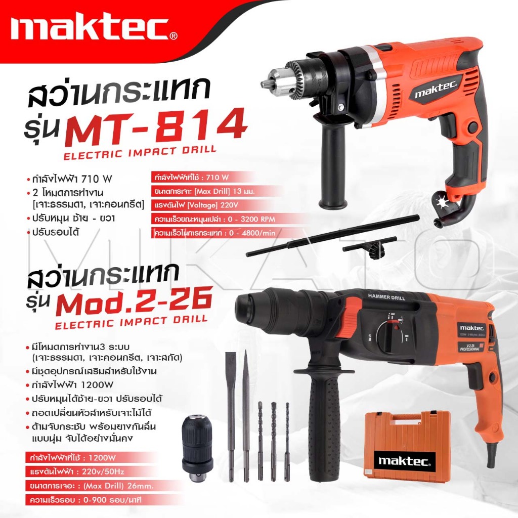 MAKTEC แพ็คคู่ สว่านโรตารี่ 3 ระบบ รุ่น 2-26 + สว่านกระแทก 13mm. รุ่น MT-814 -งานเทียบ เกรด AAA+ ...
