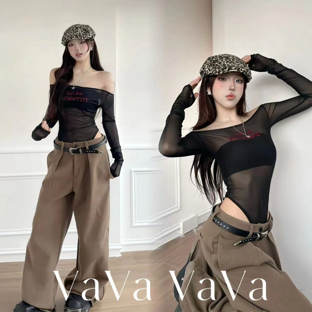 VaVa 💕มีสินค้า💕สาวอเมริกันร้อนสีดำไหล่เดียวเสื้อยืดตาข่ายผู้หญิงกระชับสัดส่วนจั๊มสูทซีทรู ...