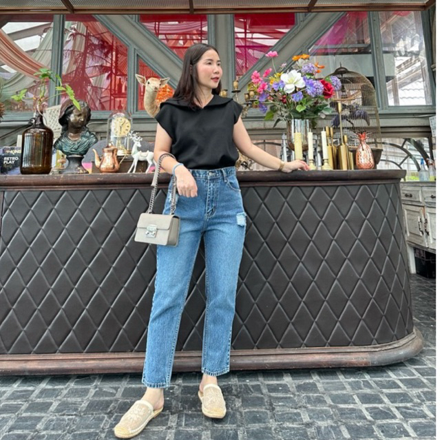 กางเกงยีนส์รหัสL33 ทรงบอยแต่งขาดผ้าไม่ยืดสีสโนว์เอว25-40 นิ้วป้ายLiLy ...