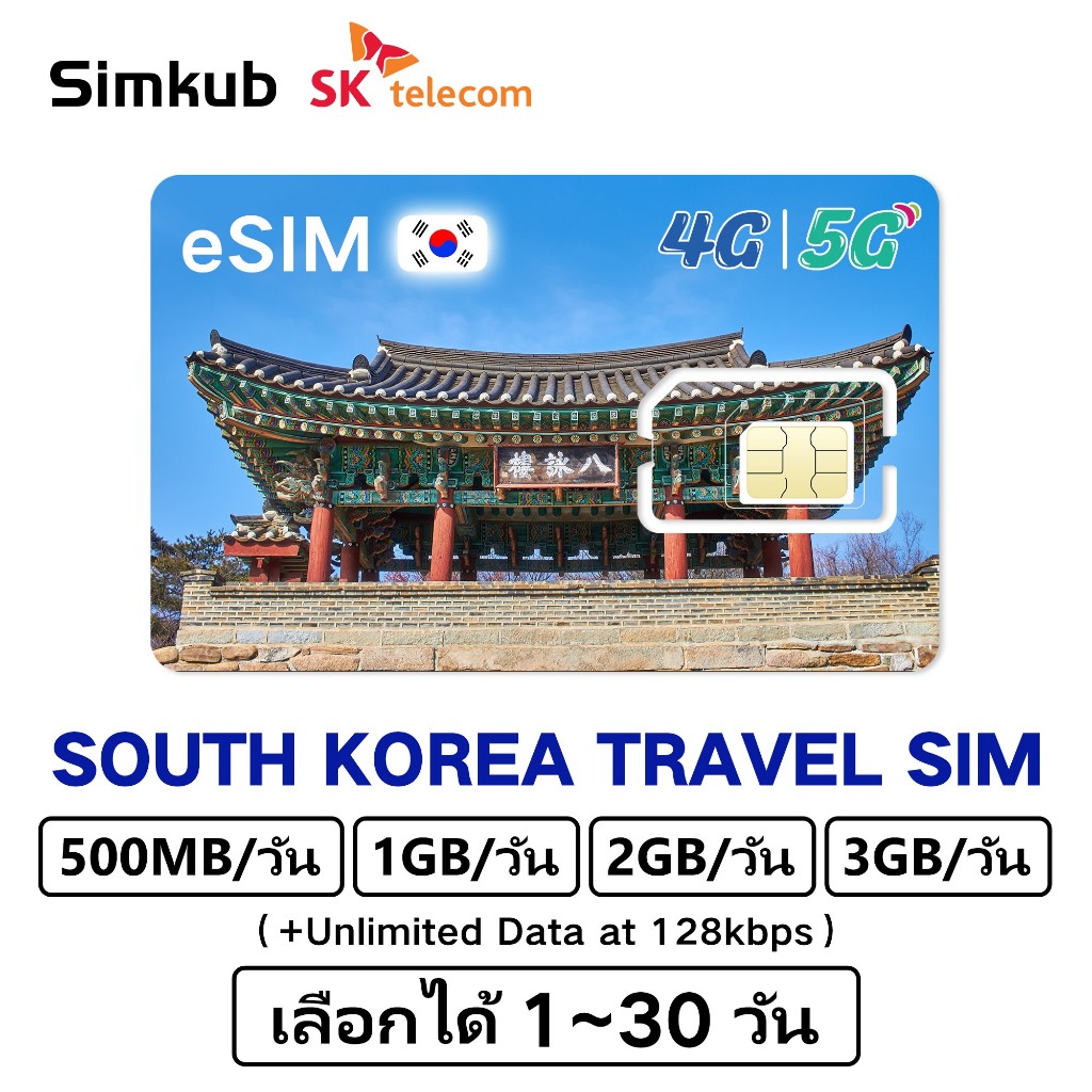eSIM Korea ซิมเกาหลี ซิมการ์ดท่องเที่ยวเกาหลี 4G/5G อินเตอร์เนต 500MB～3GB/วัน เลือกได้ 1～30วัน ...
