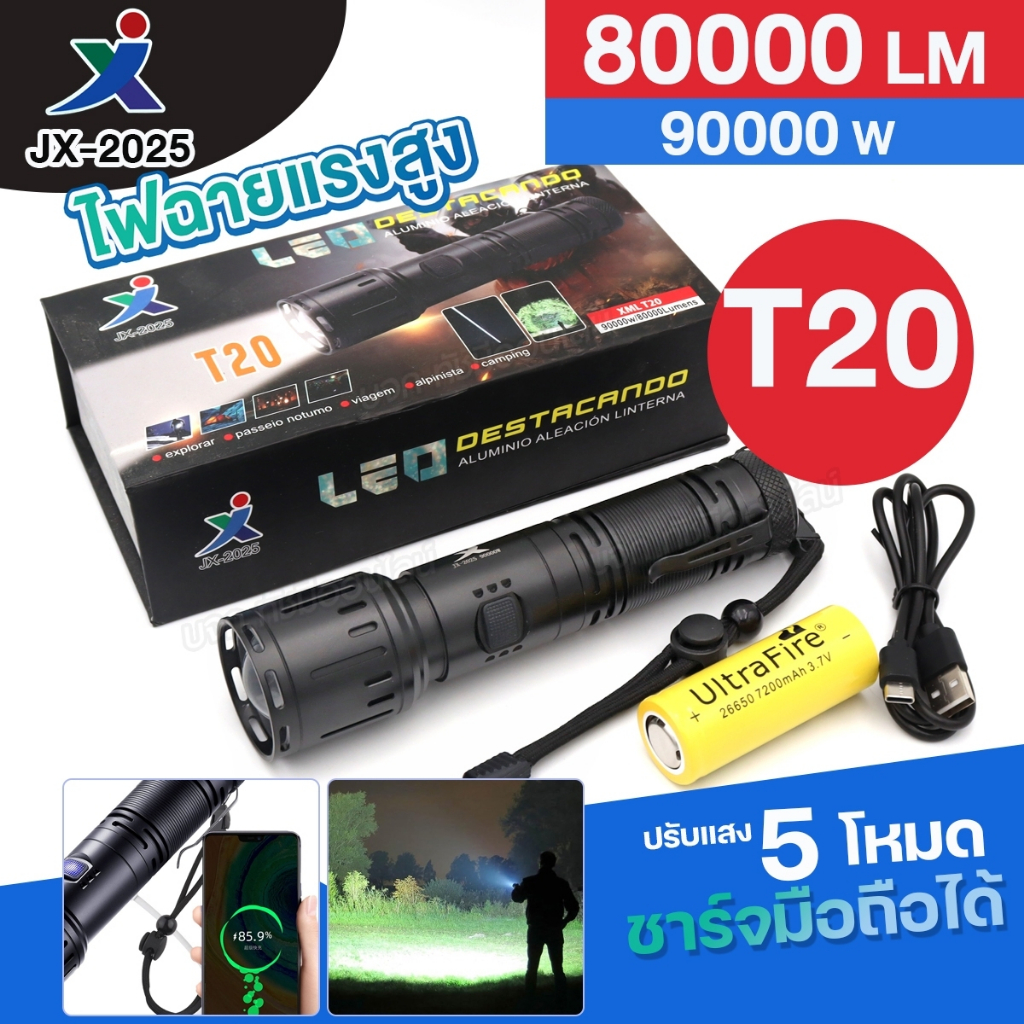 ไฟฉายแรงสูง XML T20 รุ่น JX-2025 80000Lumens / 90000W ปรับแสงได้ 5โหมด ไฟฉายซูม ชาร์จมือถือได้ ...