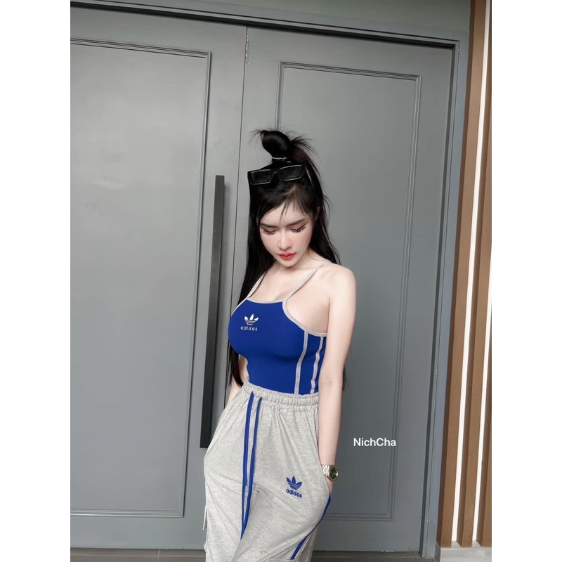 Nicha Adidas เทาน้ำเงิน เท่สุดๆ Set2ชิ้น เสื้อสายเดี่ยว กางเกงคาร์โก้มีกระเป๋า2ข้าง แต่งแถบ ...