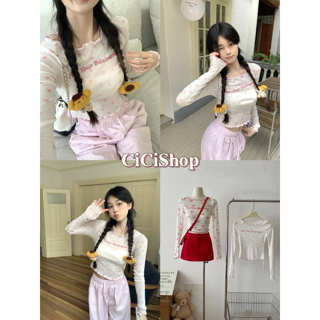 cicishop (1366) เสื้อคอยูแขนยาว detail แต่งลายดอกไม้พร้อมสกรีนลายลูกเล่นตรงแขนและชายเสื้อสไตล์เ ...