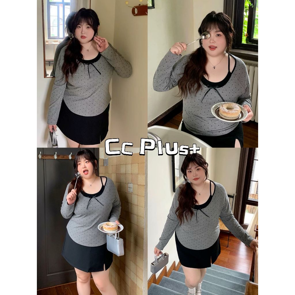 CC Plus+(1351) เสื้อแขนยาวคอยูลายจุดดีเทลแต่งสายเดี่ยวด้านในพร้อมโบว์ตก ...
