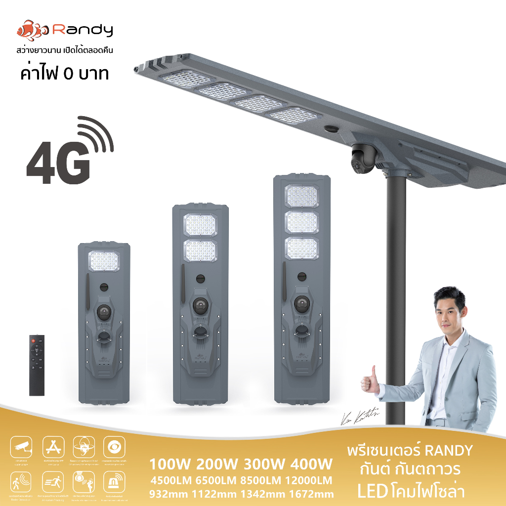 Randy LED Solar StreetLight 4G CCTV 1440P หมุนได้ 350° โคมไฟถนน AllIn1 ...