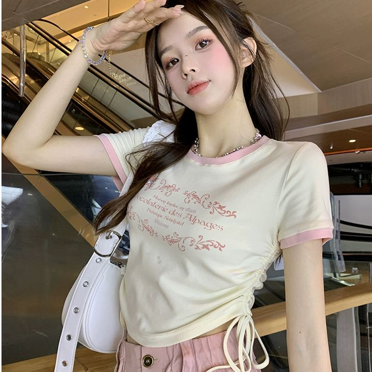 เสื้อครอป เสื้อยืดผู้หญิง คอกลม สวมใส่สบาย ที่เอวมีสายเชือก2เส้น ...