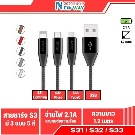 Orsen By Eloop รุ่น S31 S32 S33 ยาว 1.2 เมตร สำหรับ iOX / Micro USB / Type C สายชาร์จEloop ของ ...
