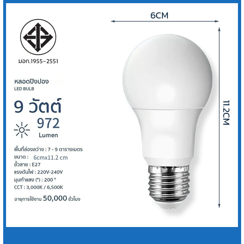 หลอดไฟ led E27 5W 7W 9W 13W 15W 18W 24W หลอดไฟแอลอีดี ขั๊ว แสงขาว 6500K แสงวอร์มไวท์ 3000K ไฟ ...