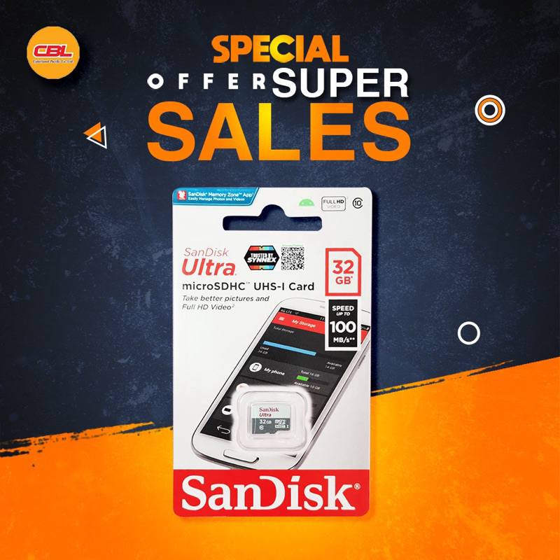 CBL SANDISK 32 GB MICRO SD CARD (ไมโครเอสดีการ์ด) ULTRA SDHC CLASS 10 (SDSQUNR-32G-GN6MN) พร้อม ...