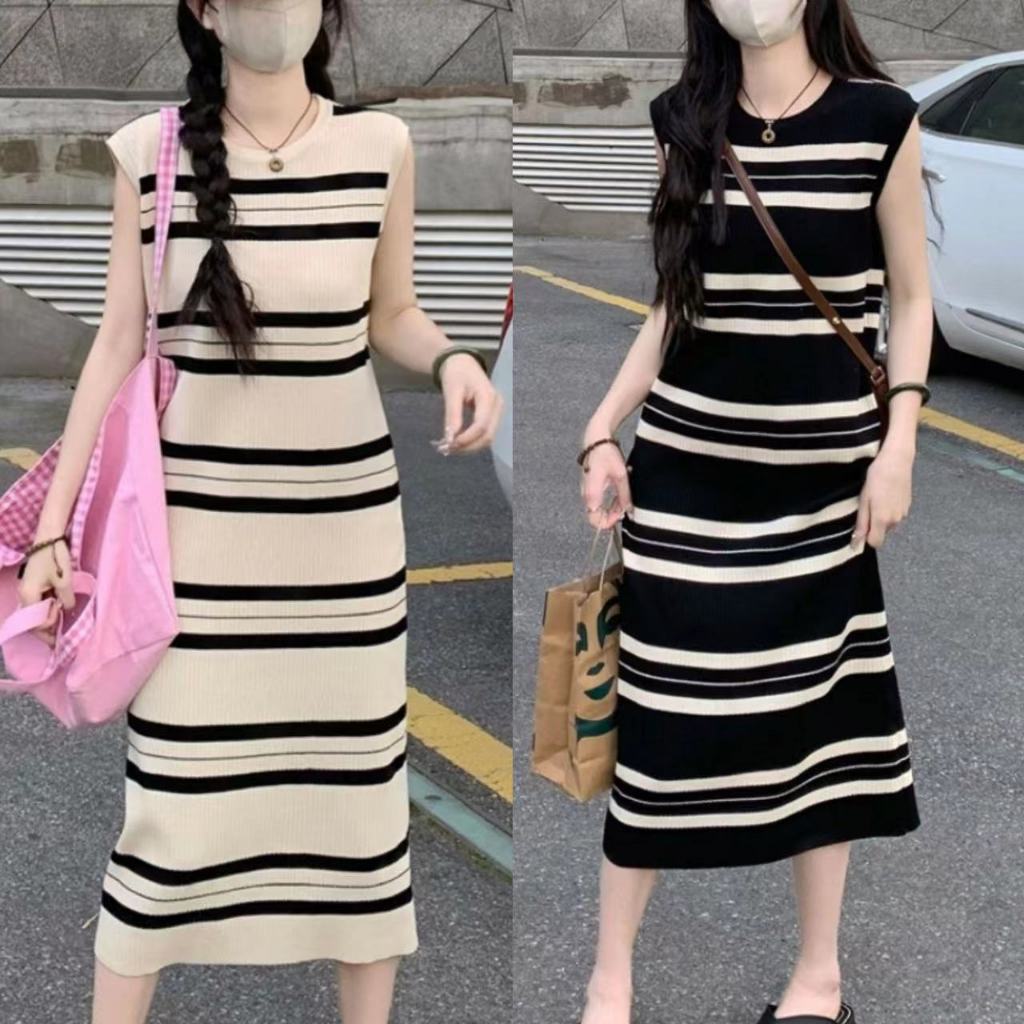 MiKi-Shop*พร้อมส่งชุดเดรสไหมพรม ดีเทลลายทางใหญ่ใส่สบาย 12375* | Shopee ...