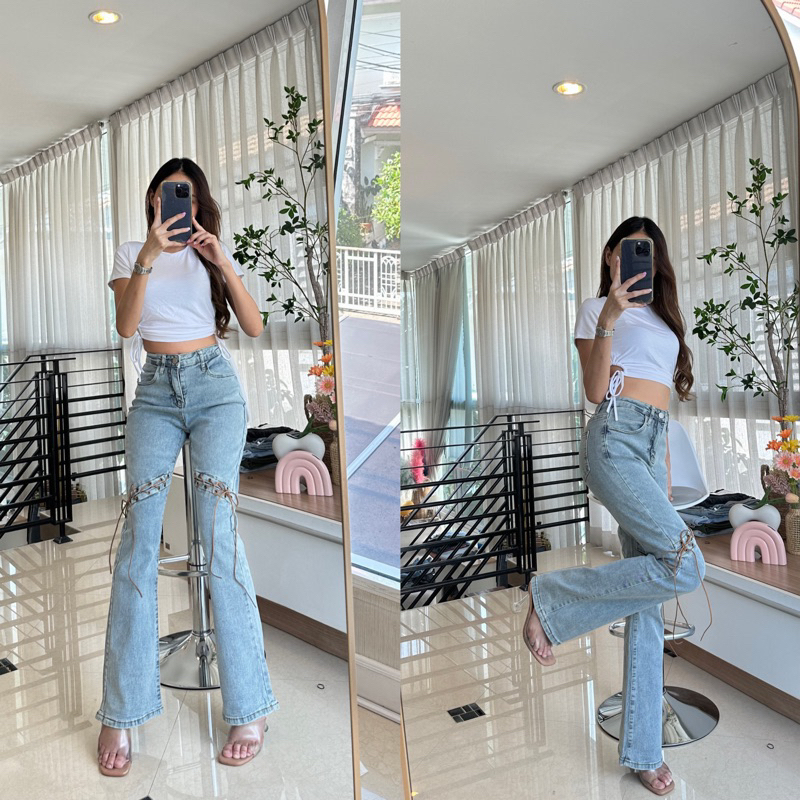 กางเกงยีนส์ขาม้าเล็กสีนัว เอวสูง B386 ผ้ายืด | Shopee Thailand