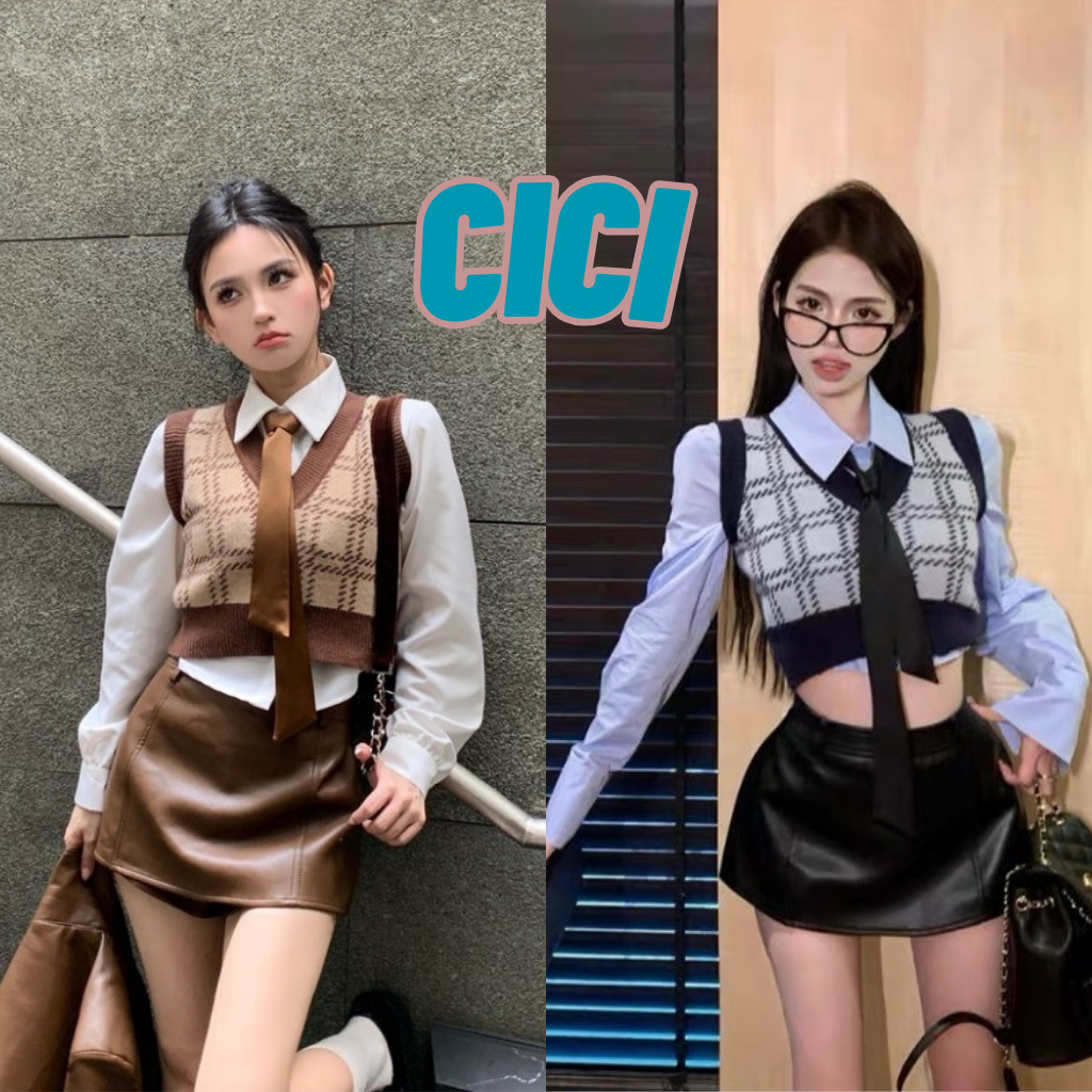 Cici(NO.2352)SET 3 ชิ้น(ใส่แยกได้) เสื้อครอปคอปกแขนยาว+กั๊กไหมพรม พร้อมที่ผูกไทด์คิ้วท์มาก สไตล์ ...