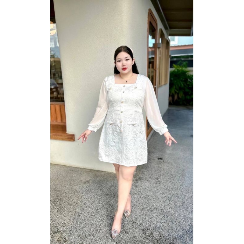 BN128.ชุดเดรสออกงานสาวอวบ รุ่นคอเหลี่ยม แขนชีฟองยาว ผ้าluxuryปั้มลายนูน อก46" | Shopee Thailand