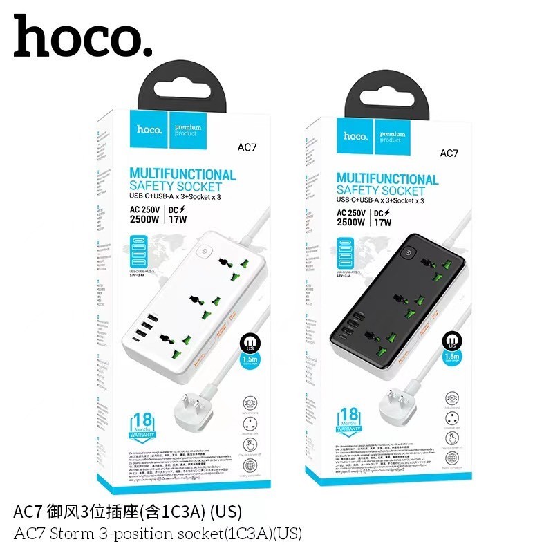 【ของแท้100% 】Hoco AC7 Multifunctional safety socket USB-C+USB-A x 3 ...