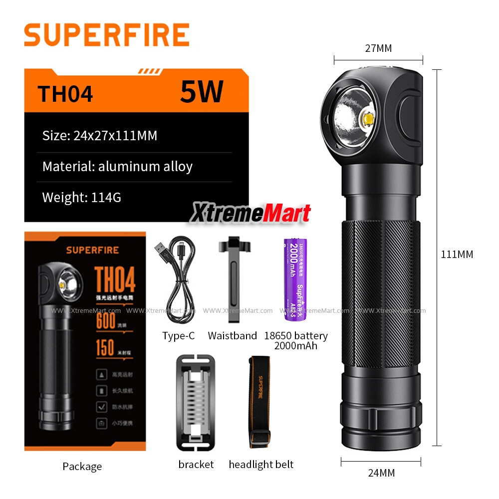 ชุดเซตไฟฉาย SuperFire รุ่น TH04 แสงขาว 600 ลูเมน 5โหมด USB Rechargeable | Shopee Thailand