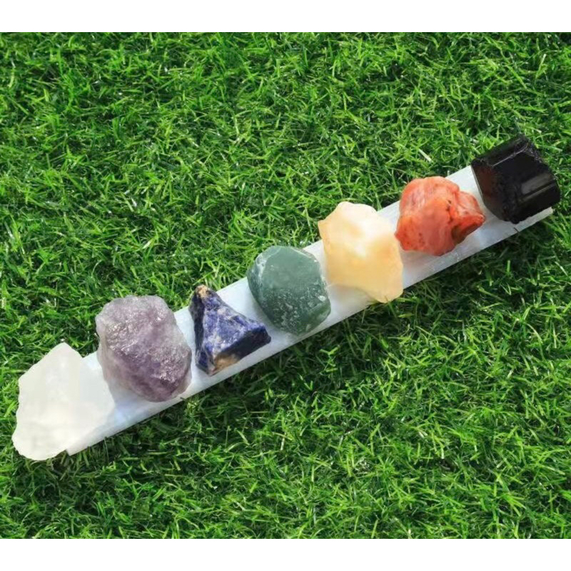 LARGE 7 Crystal Rough Chakra Set + Selenite LARGE Charging Plate ...
