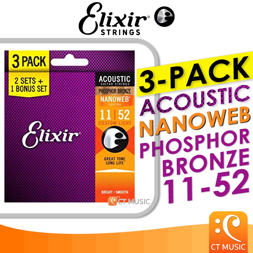 Elixir Strings 3-Pack Acoustic Guitar Strings Phosphor Bronze with ...
