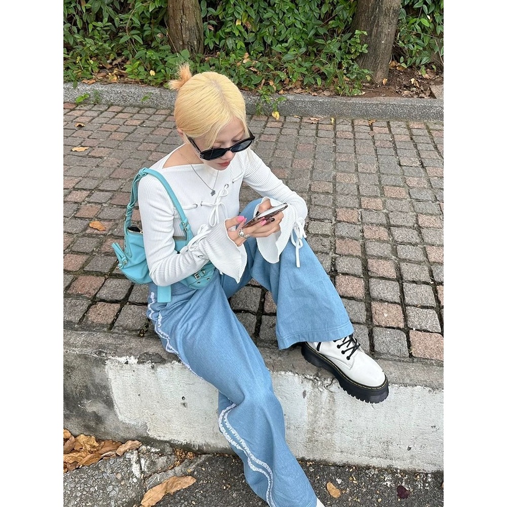 Cicishop(H9313)เสื้อครอปท็อปแขนยาว ผ้ายืด ปลายแขนบาน ดีเทลเชือกผูกโบว์ ...