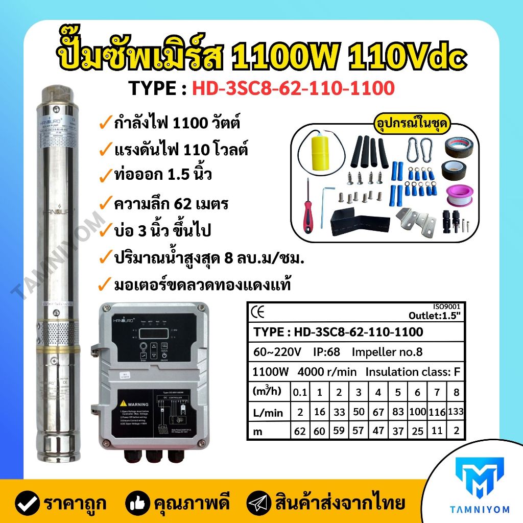 ปั้มบาดาล ปั้มซัพเมิร์สโซล่าเซลล์ Handuro 1100w 110V ขนาด 3 นิ้ว ท่อน้ำ ...