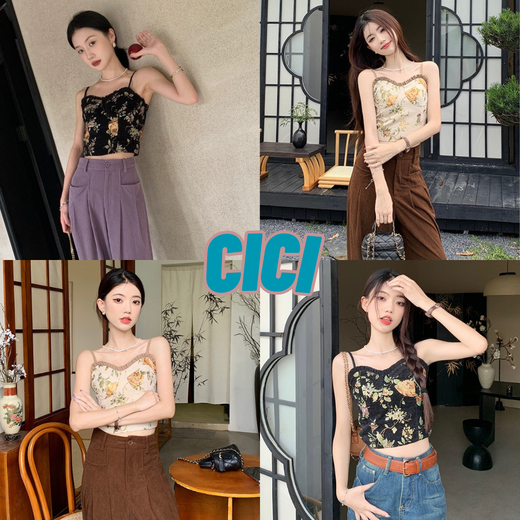 Cici(NO. J886)เสื้อสายเดี่ยวครอป ผ้ากำมะหยี่ สม็อกหลังสายปรับได้ ดีเทลปักลายลูกไม้ เรียบหรู ใส่ ...