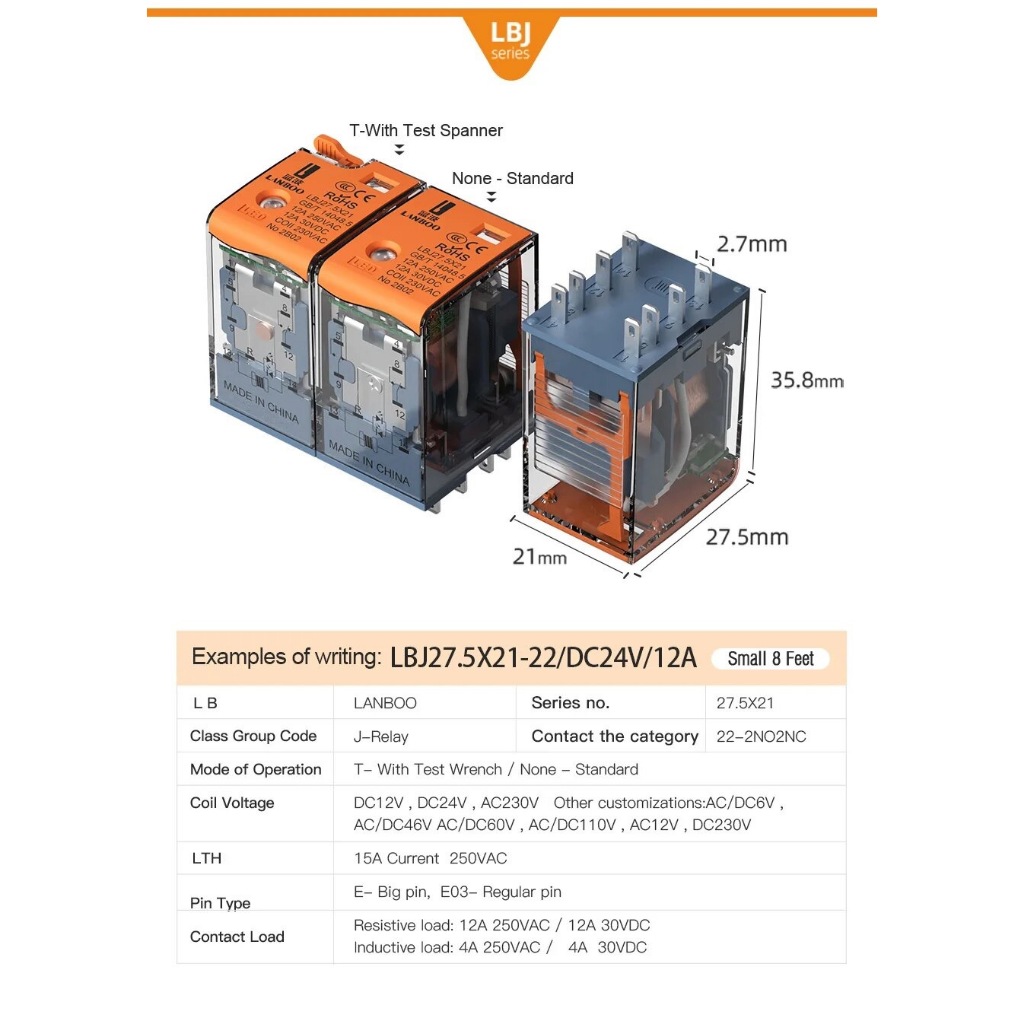 LANBOO รีเลย์ MY2 LY2 220V 12VDC 24VDC Relay 8 ขา 8 คุณภาพสูง | Shopee ...