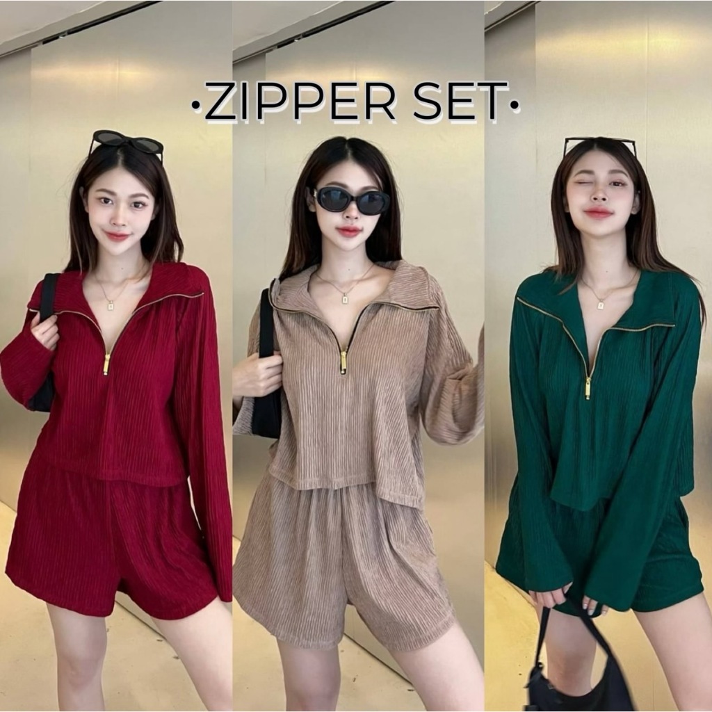 ZIPPER SET: ชุดเซ็ท 2 ชิ้น เซ็ทกางเกงขาสั้น เสื้อแขนยาว งานซิปทอง เสื้อคอปกแขนยาว (มีเสื้อขายแยก ...