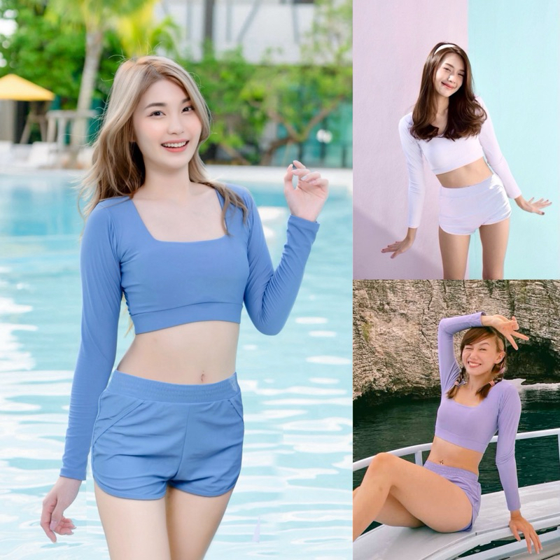 ชุดว่ายน้ำ ครอปแขนยาว Alitar พร้อมกางเกงขาสั้น | Shopee Thailand