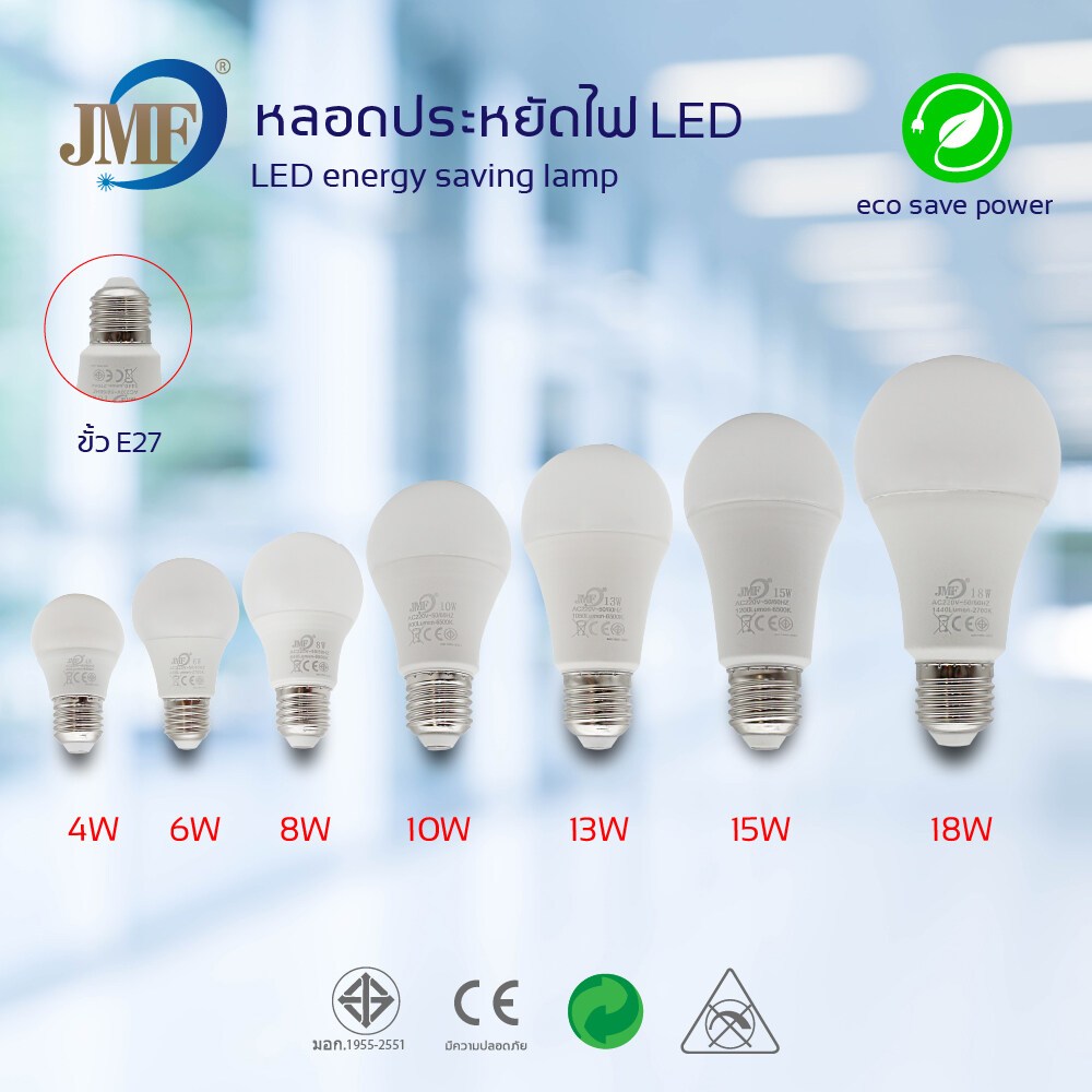 หลอดไฟ JMFหลอดไฟ LED ขั้วเกลียวหลอด E27 ประหยัดพลังงาน แสงสีขาว/เหลือง กำลังไฟ 4w 6w 8w 10w 13w ...