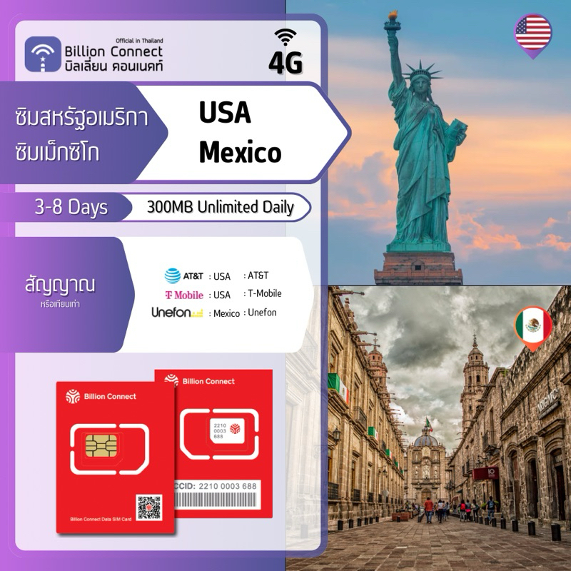 USA Mexico Sim Card Unlimited 300MB Daily สัญญาณ AT&T T-Mobile Unefon ...