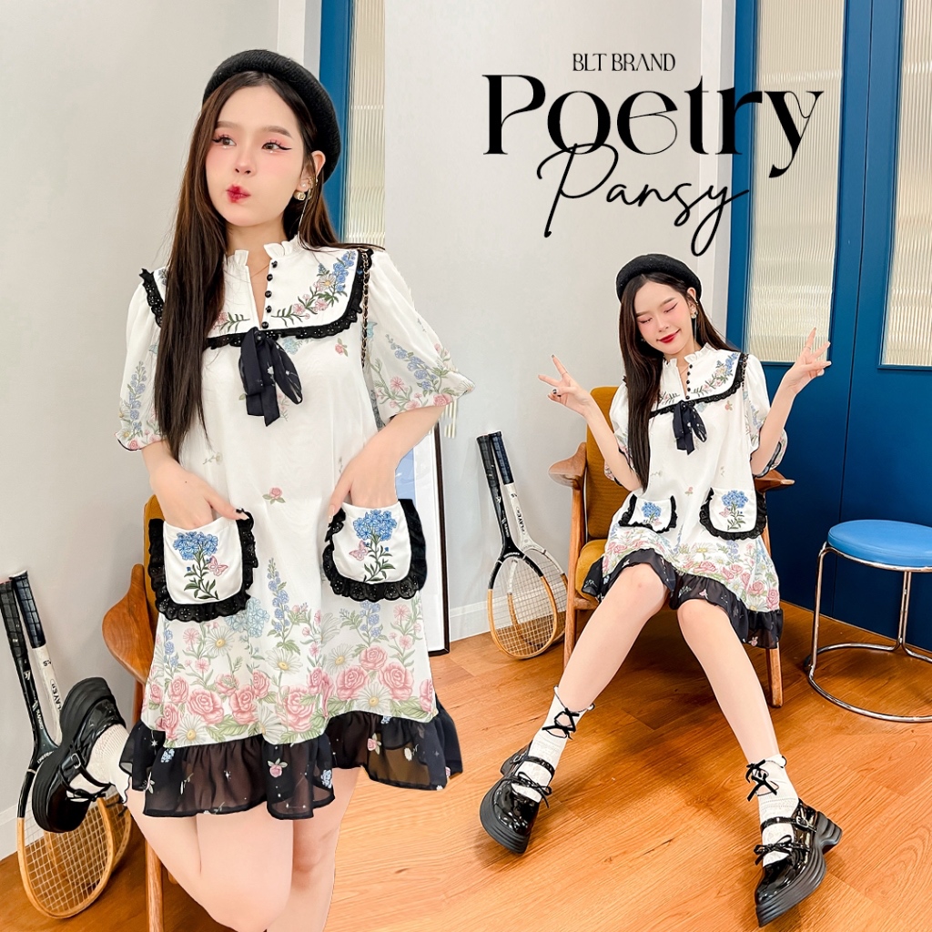 MYT x BELLITA : [BT251] : Poetry Pansy : Dress มินิเดรสสีขาวปักดอกไม้ | Shopee Thailand