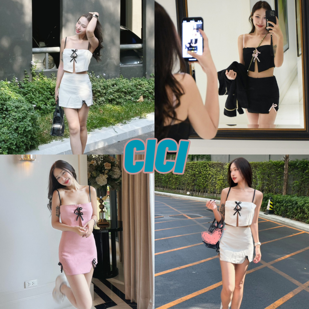 Cici(NO.3191)Set 2 ชิ้น เสื้อสายเดียว+กระโปรงสั้นทรงเอ ซิปหลัง แต่งโบว์ด้านหน้า สายสามารถปรับได้ ...