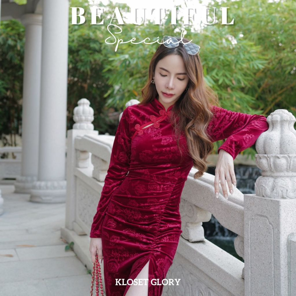 K218 : เดรสยาวกี่เพ้ากำมะหยี่คอจีนเฉียงจับย่นข้างสีแดง | Shopee Thailand