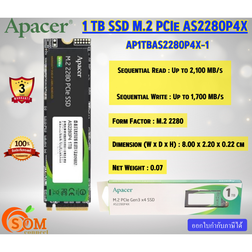 APACER (1TB SSD) M.2 PCIe AS2280P4X (AP1TBAS2280P4X-1) Read : Up to ...